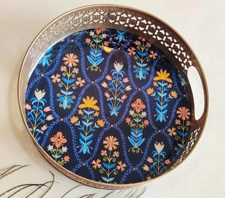 Blue Floral Pichwai Round Trays 8 inches - Prashaa Gifts